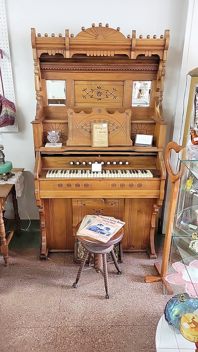 Keys to the past! This ornate piano looks ready to play a ragtime tune or accompany a silent film.