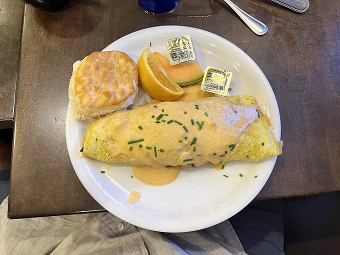 Surf meets turf in this omelet extravaganza. It's like the ocean and the farm had a delicious baby, and you're invited to the tasting party.