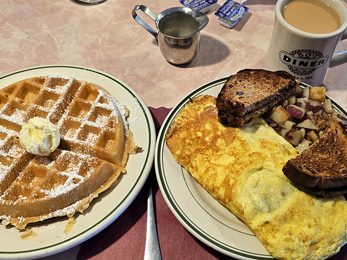 The breakfast of champions: a waffle that could double as a frisbee and an omelet big enough to feed a small army. Mornings just got a whole lot better!