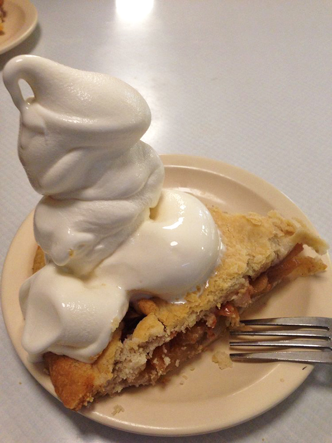Holy moly, it's pie overload! This slice of apple heaven, crowned with ice cream, is what dietitians see in their nightmares.