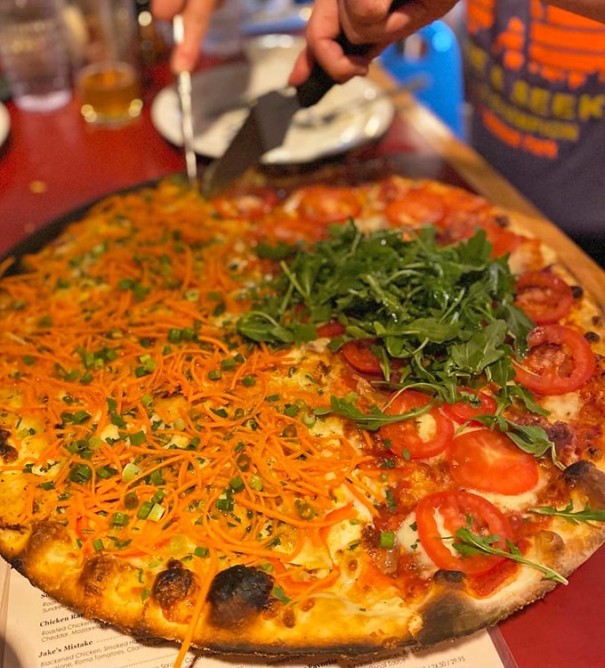 Half apricot chicken, half meat lover's paradise - it's the pizza equivalent of a mullet: business on one side, party on the other.