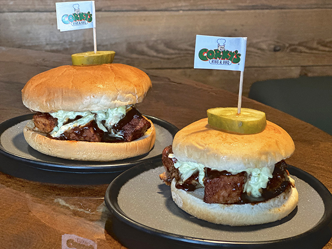 Sandwich royalty has arrived! These BBQ beauties are crowned with pickles and ready to rule your taste buds.
