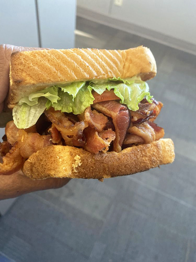 The BLT that ate St. Louis! This sandwich has more layers than a Shakespeare play, with bacon stealing the show.