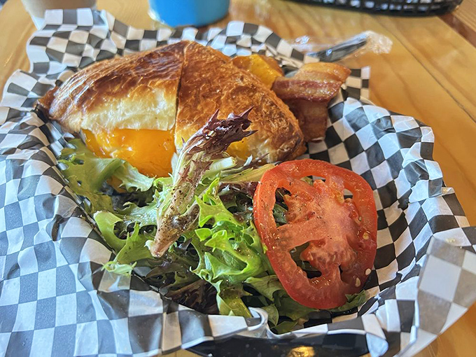 Breakfast of champions! This bacon and egg croissant is flakier than a politician's promises and twice as satisfying.