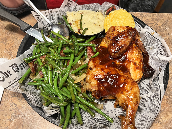 Barbecue chicken that's actually worth ordering! Crisp skin, juicy meat, and those green beans deserve their own fan club.