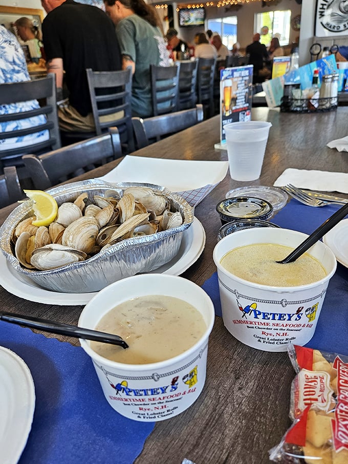 Double trouble never looked so good! Two bowls of Petey's famous chowder, because one is never enough for true seafood aficionados.