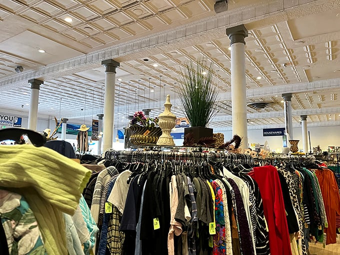 The clothing rack jungle: where vintage gems hide among everyday threads, waiting for their Cinderella moment.