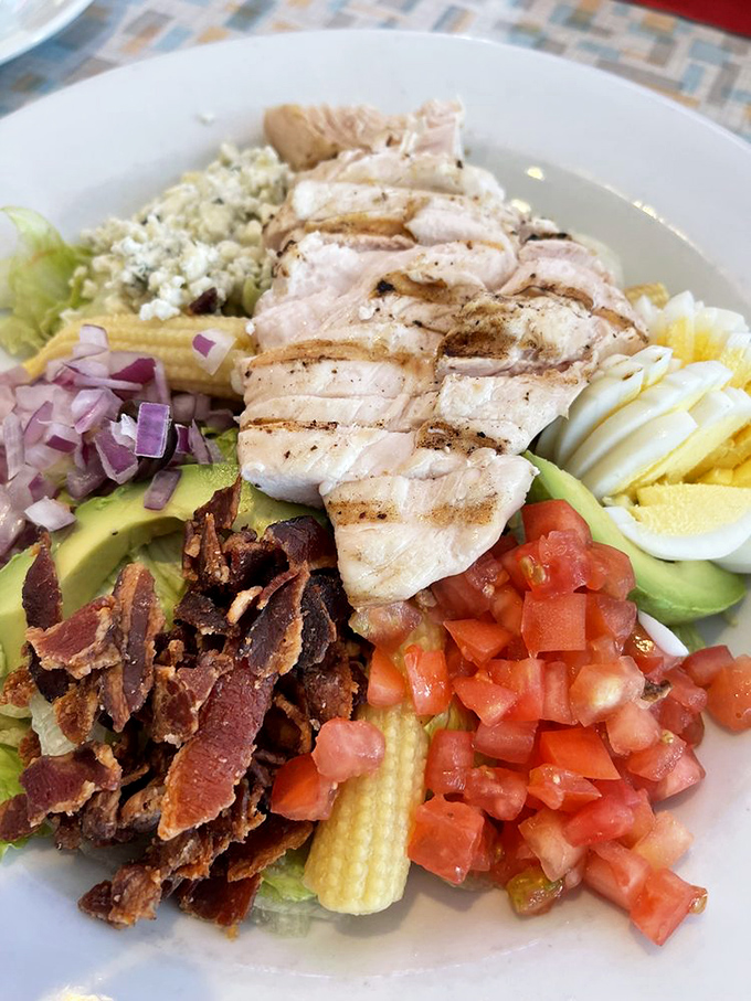 When a salad looks this good, even cowboys remove their hats. This Cobb is what happens when vegetables and proteins have a magnificent reunion.