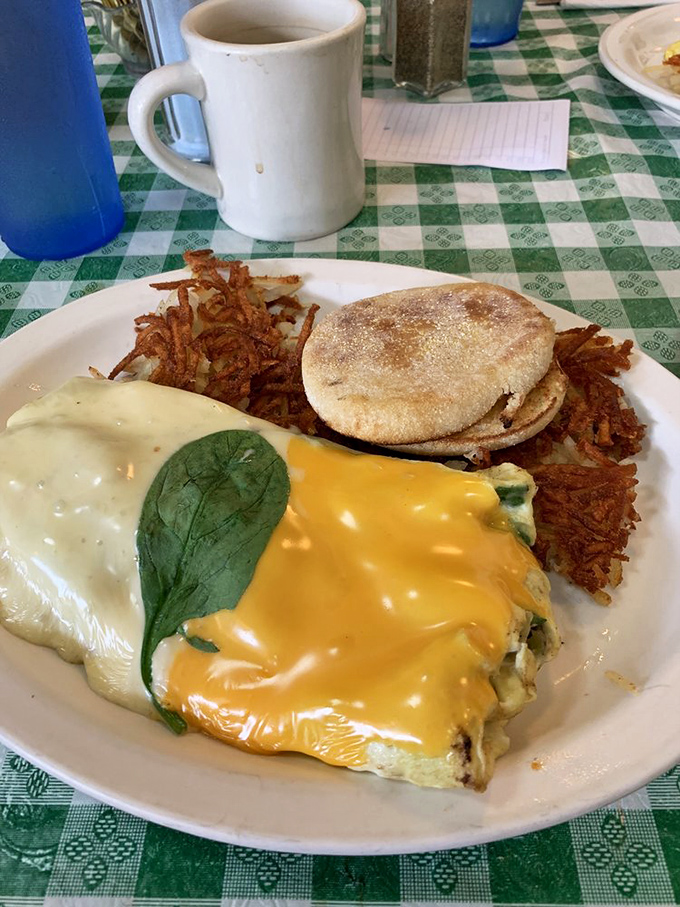 Behold, the Deluxe Veggie Omelet! It's like your garden decided to throw a party and invited some eggs and cheese along for the ride.