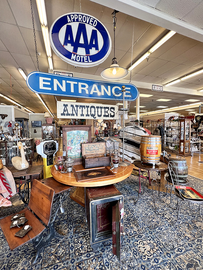 Roadside Americana comes alive! This booth is a love letter to the golden age of road trips, complete with vintage signs that'll make you crave a milkshake.