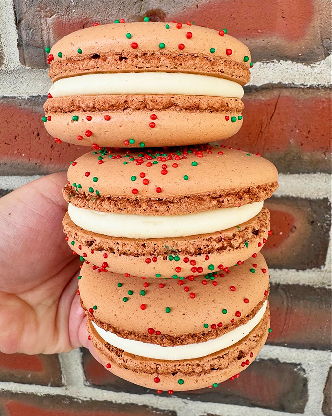 Gingerbread French Macarons: Where holiday cheer meets Parisian chic. These festive little sandwiches are like Christmas in your mouth, any time of year.