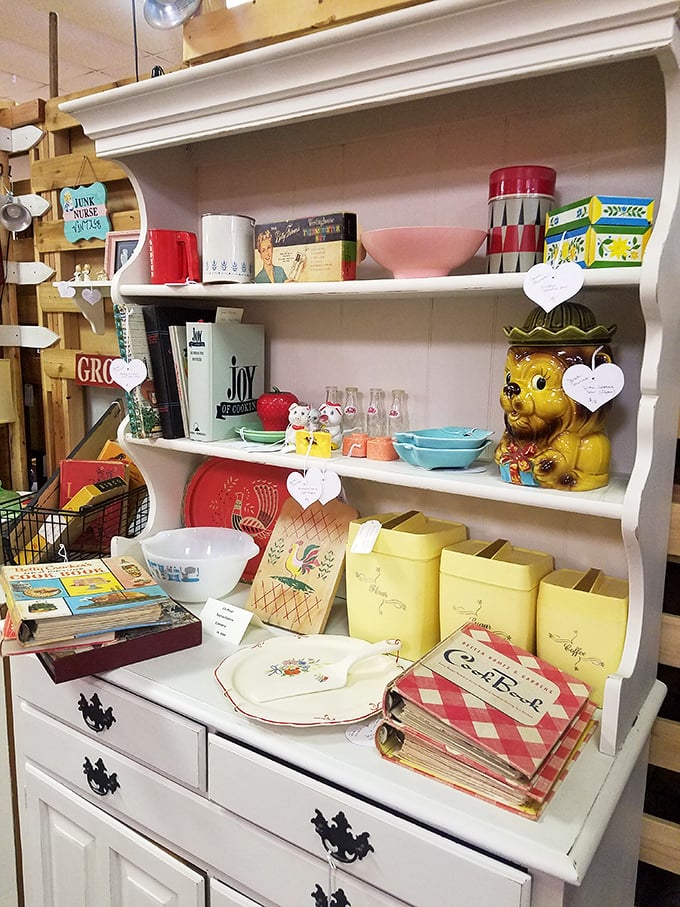 Grandma's kitchen called, and it wants everything back! From kitschy canisters to charming china, this display is a feast for the eyes and the soul.