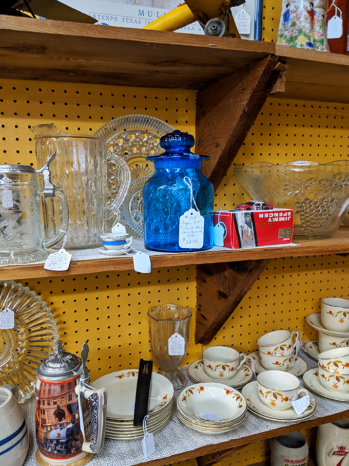 Kitchenware that tells a story! From Depression glass to Pyrex dreams, these shelves are a cookbook of American dining history.