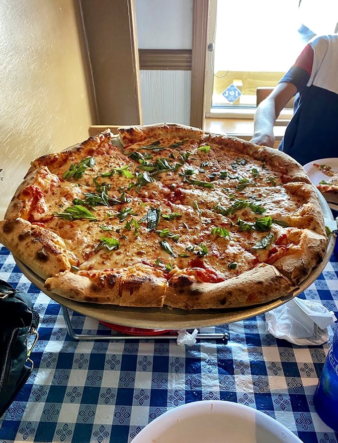 Simplicity at its finest! This Margherita pizza showcases the holy trinity of pizza perfection: dough, sauce, and cheese, elevated to heavenly heights.