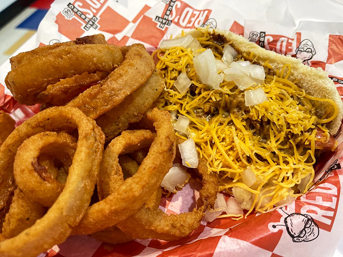 "Ring-a-ding-ding! These onion rings and that coney dog are a match made in comfort food heaven."