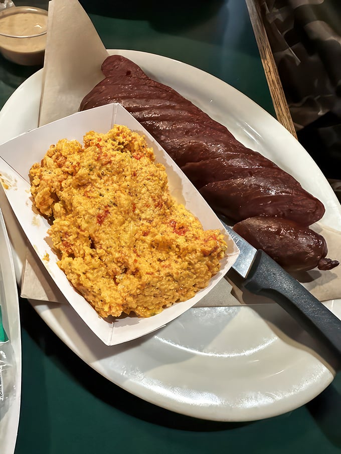 Southern comfort on a plate: Pimento cheese and sausage, a duo that's more iconic than Batman and Robin.