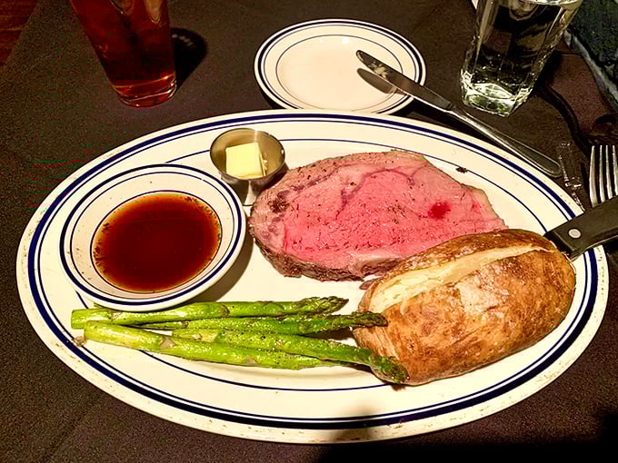 Prime rib so tender, it practically melts on the plate. Paired with asparagus spears standing at attention, it's a meal fit for royalty.