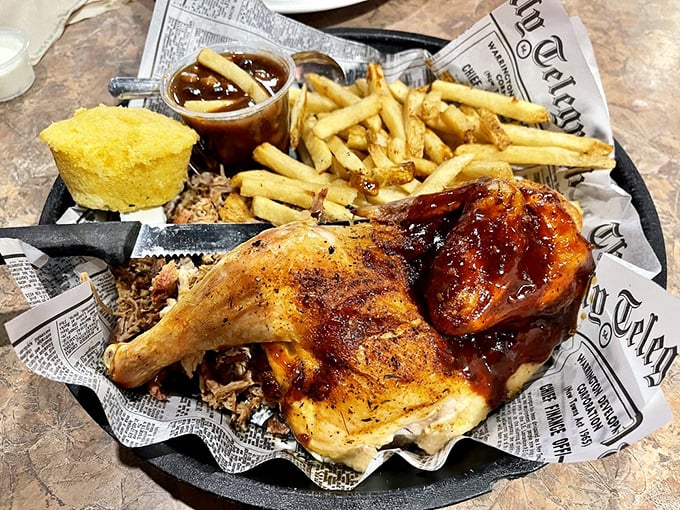 Double trouble deliciousness! Roasted chicken and pulled pork join forces in a plate that screams "I'll diet tomorrow!" Resistance is futile.