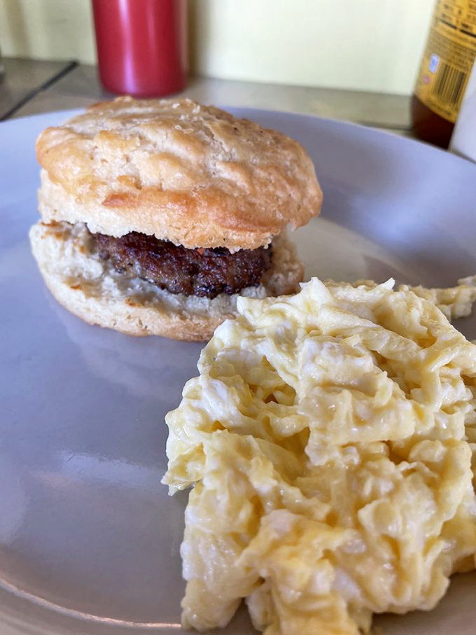 Biscuits so good, they'll make you want to hug the cook. Paired with eggs that are more scrambled than your thoughts before coffee.