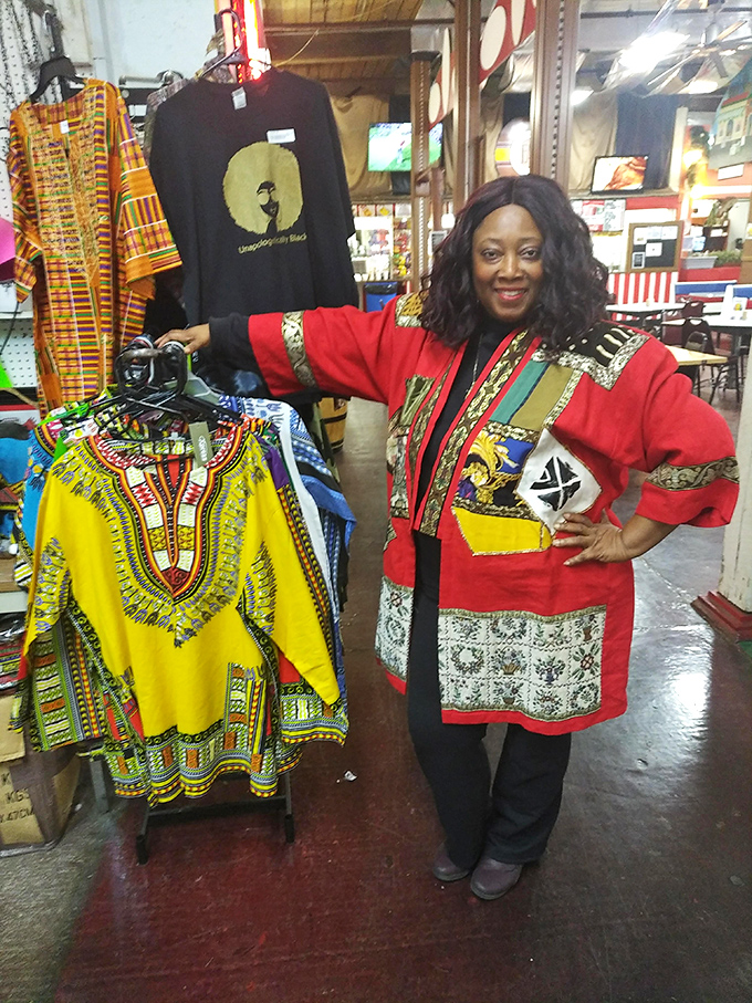 Meet your guide to the galaxy of goodies! This vendor's vibrant ensemble is as colorful as her collection.