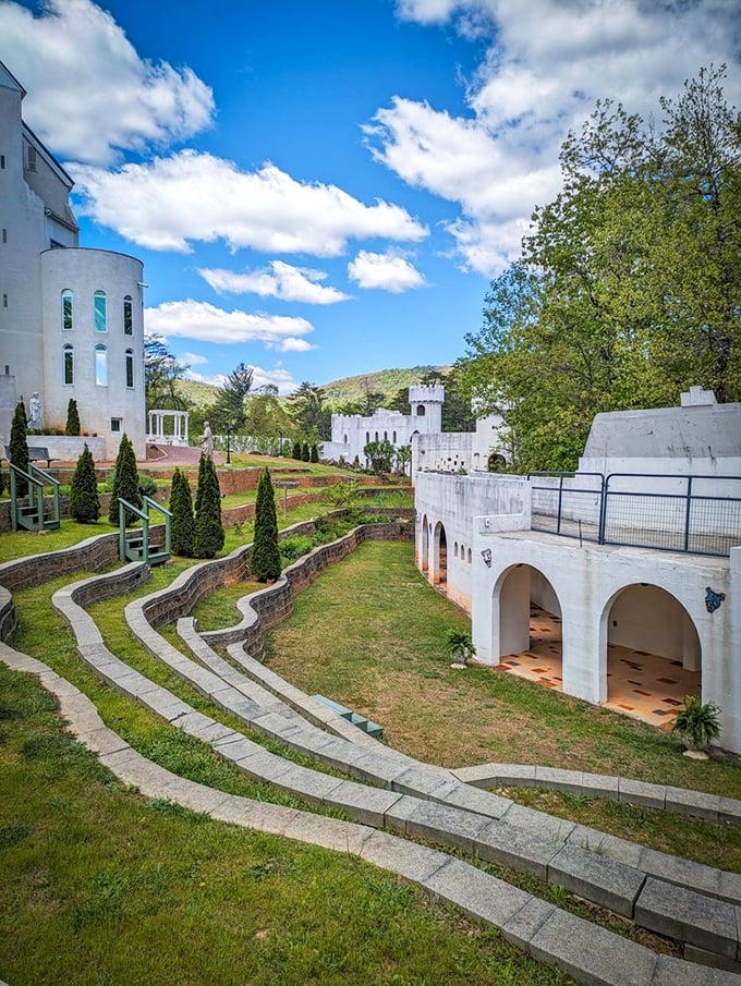 A different angle on royalty. This view showcases the castle's impressive architecture and the beautiful terraced gardens that surround it.