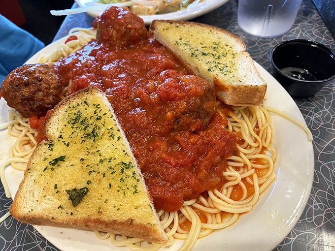 Mama mia! This spaghetti and meatballs plate is giving Lady and the Tramp a run for their money. Checkered tablecloth not included.
