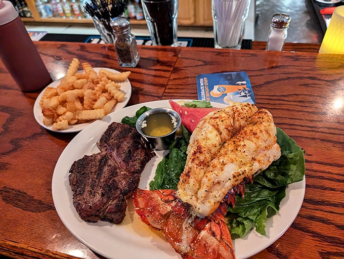Surf and turf, Rusty Duck style! It's like The Odd Couple, but delicious &ndash; this steak and lobster pairing is a match made in culinary heaven.