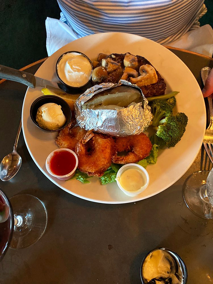 Land and sea unite on this plate. It's the culinary equivalent of a country-western duet with a mermaid.