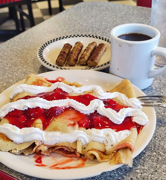 Strawberry fields forever? More like strawberry crepes for breakfast! With a side of sausage to keep things interesting.