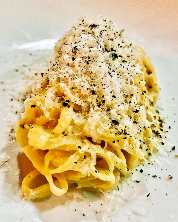 Pasta that shines with elegant simplicity &ndash; each strand captures light like satin ribbons at a very delicious formal event.