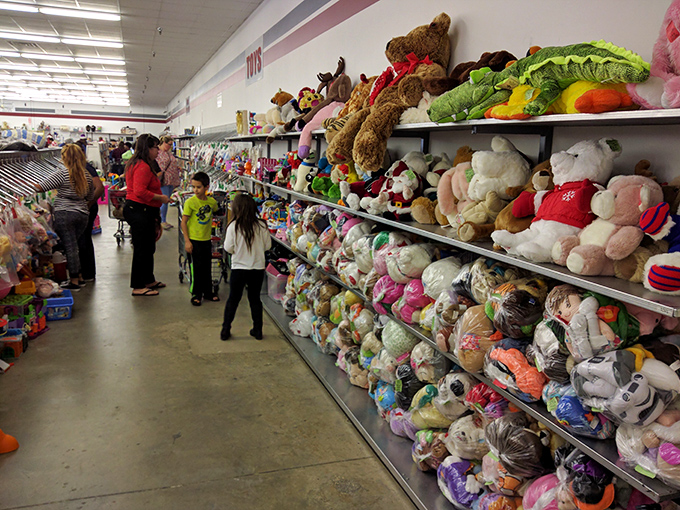 Stuffed animal kingdom or plush toy revolution? This aisle is where childhood dreams come to retire and find new loving homes.