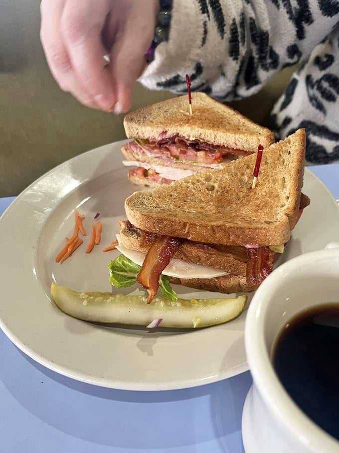 The Turkey Club: a skyscraper of sandwich perfection. It's a towering testament to the art of stacking, held together by the mighty toothpick.