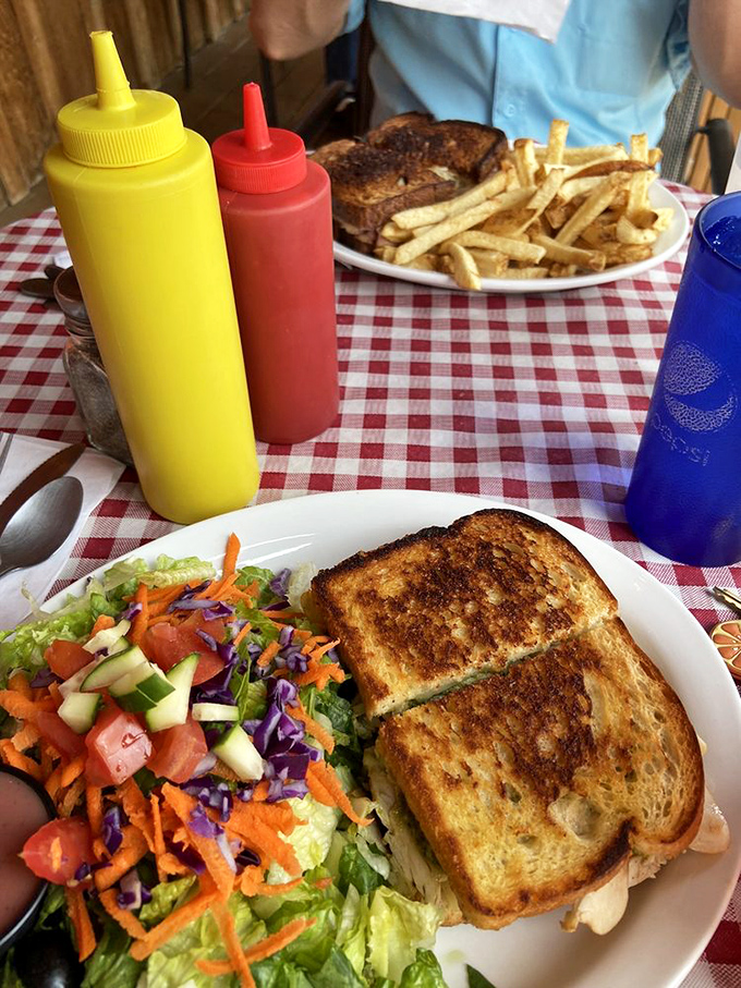 Classic diner sandwich and fries on a red-checkered tablecloth&mdash;the universal signal that you're about to have a really good day.