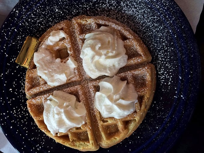 Waffle perfection achieved! These crispy squares, crowned with dollops of cream, are like edible thrones for your taste buds.