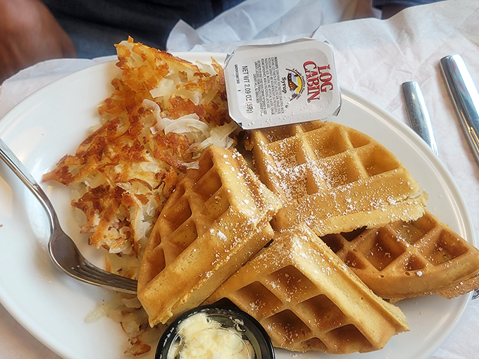 Hash browns so crispy, they could moonlight as a xylophone. Paired with that waffle? It's a breakfast symphony!
