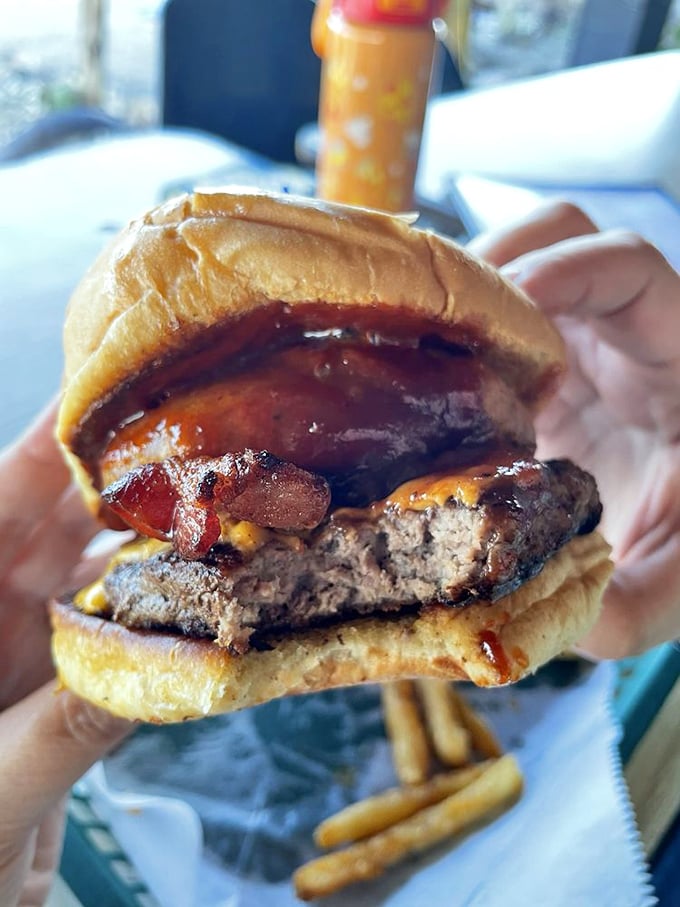 Giddy up, partner! The Western Burger is like John Wayne in sandwich form - bold, hearty, and unforgettable.