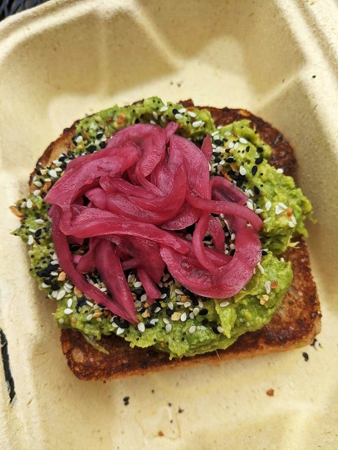 Avocado toast that's more colorful than a Vermonter's fall wardrobe. It's like edible modern art for your breakfast table.