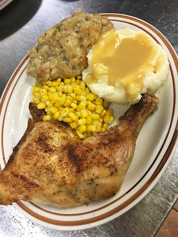 Finger-lickin' good! This golden-brown chicken leg is giving Colonel Sanders a run for his money. Paired with buttery corn and fluffy mashed potatoes? Heaven on a plate!