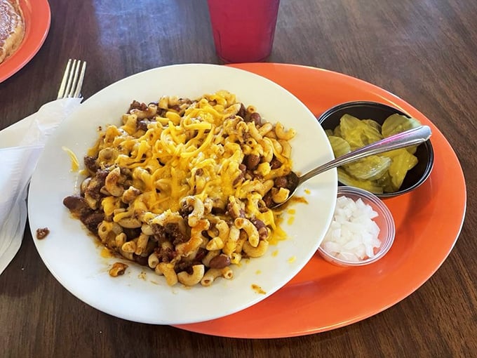 Chili mac that's cheesier than a dad joke convention. It's the kind of dish that makes you want to hug the chef... after you finish eating, of course.