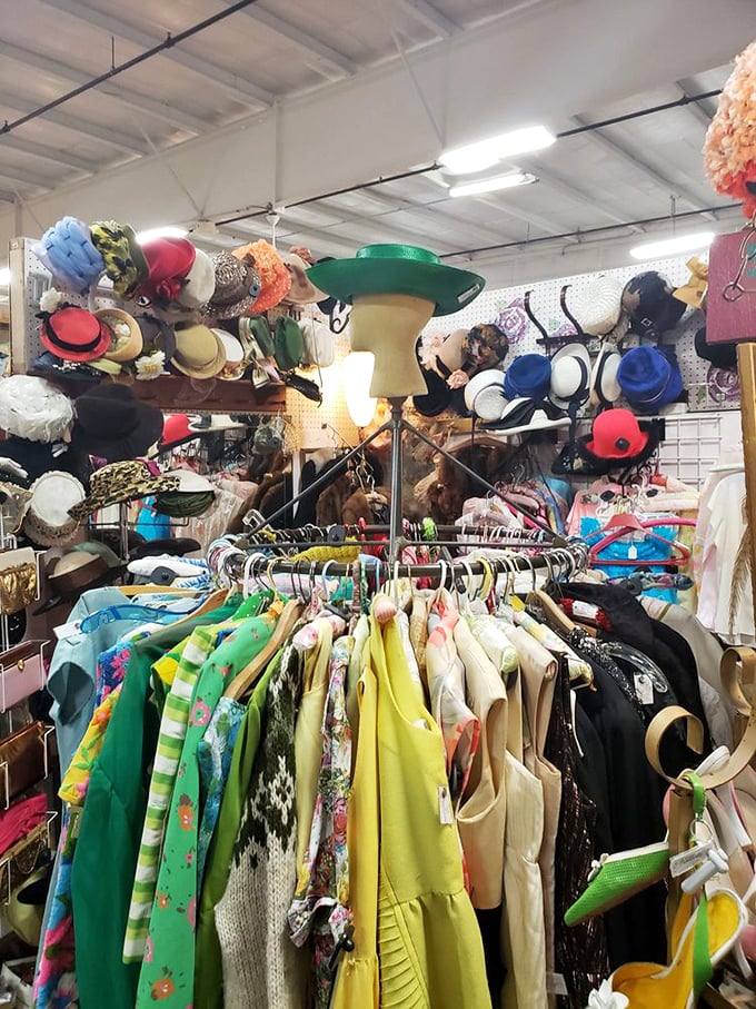 Fashion time machine alert! From flower power to power suits, this rack's got outfits for your inner disco diva or corporate climber.