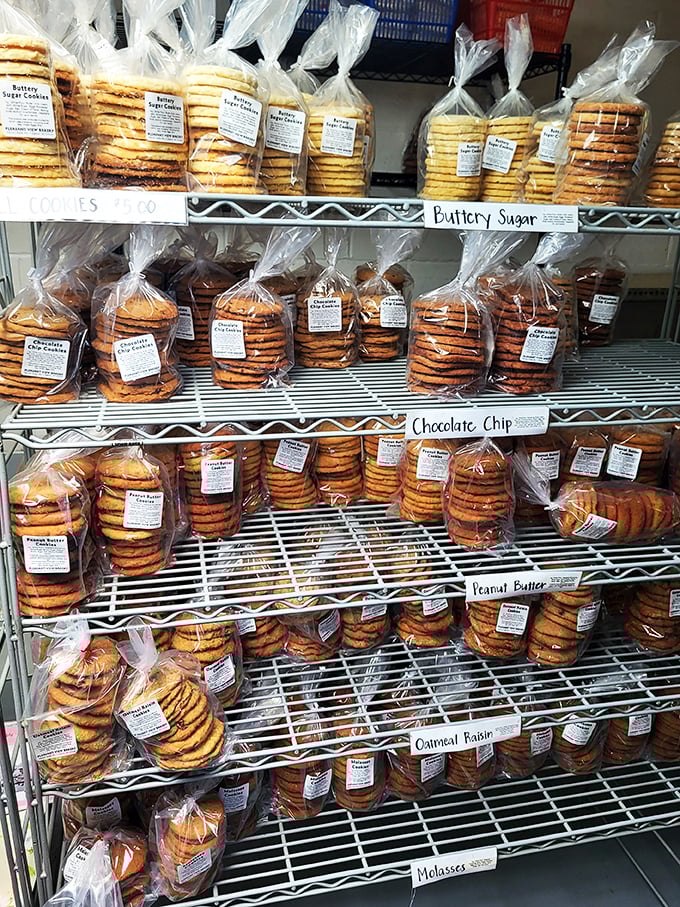 Cookie monster's dream come true! From buttery sugar to classic chocolate chip, these cookies are stacked higher than a Jenga tower.