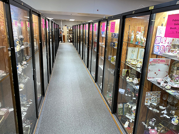 A corridor of curios! These display cases are like a museum of everyday life, preserving memories one tchotchke at a time.