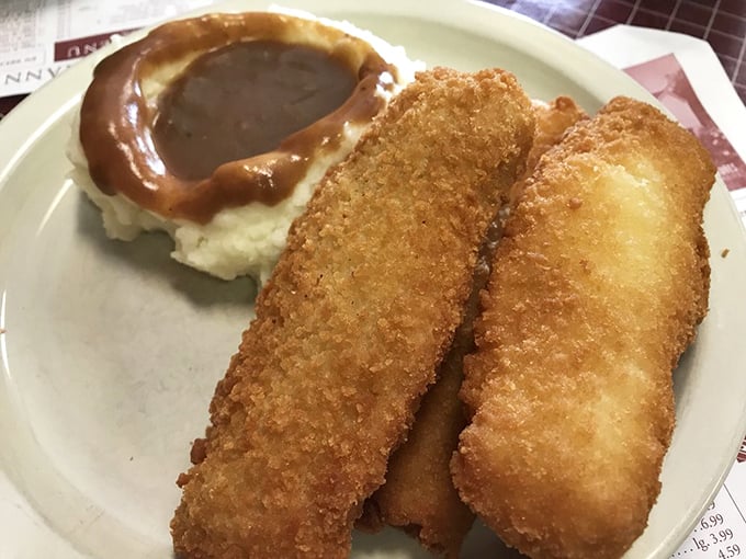 Golden-fried fish that would make Captain Ahab forget all about that whale, paired with mashed potatoes swimming in their own gravy lagoon.