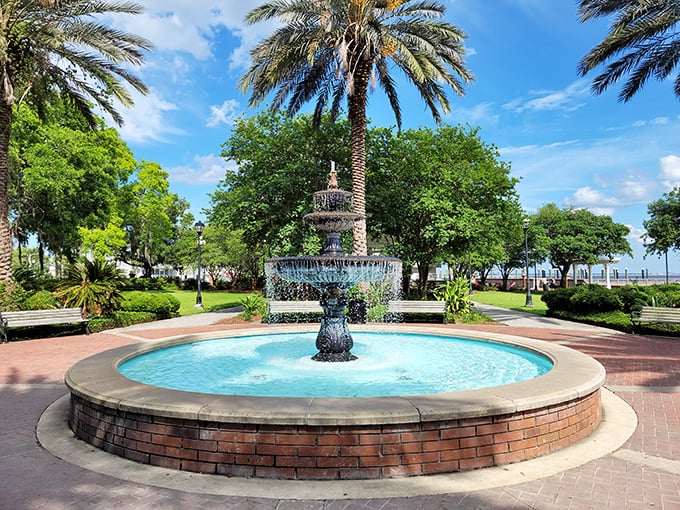 A splash of Southern charm in the heart of town. This fountain oasis is the perfect spot to cool off and watch the world go by.
