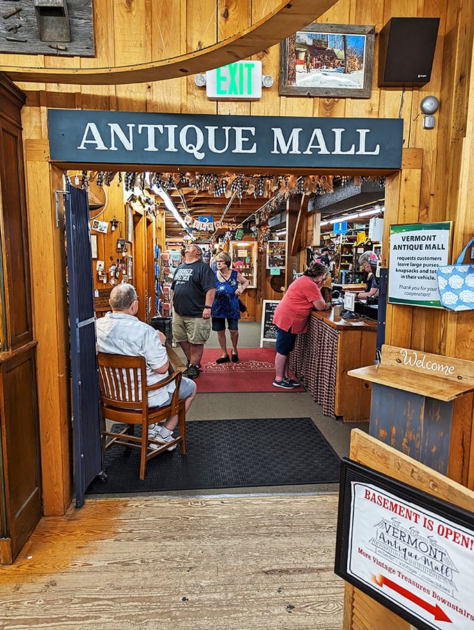 The welcoming entrance to the antique mall invites visitors to step back in time, with rustic wood panels setting the perfect nostalgic mood.