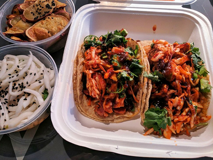 Tacos that bridge cultures: Southern hospitality meets Korean zest. It's like a delicious United Nations in your mouth.