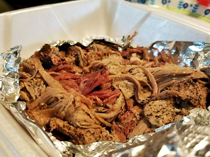 Pulled pork that looks like it's been teased apart by angels. The foil liner is practical, but also prevents you from licking the container clean.