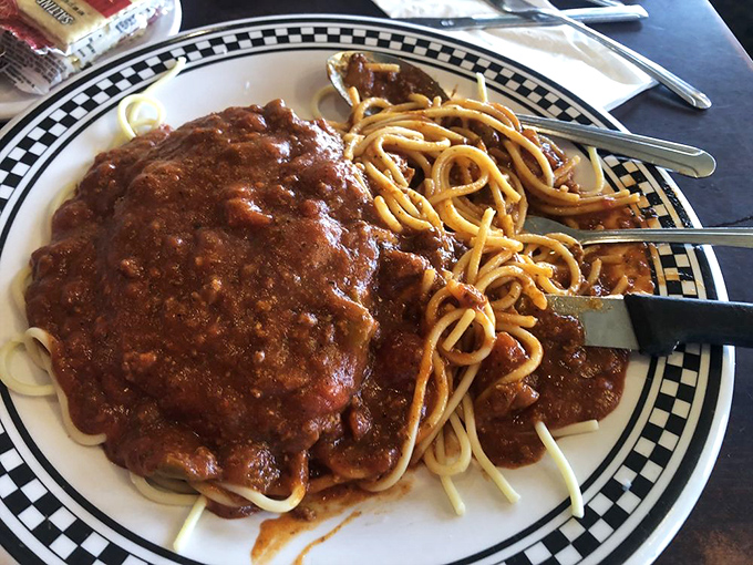 Spaghetti Western, Cleveland style! This plate of pasta looks like it's auditioning for a starring role in "The Good, the Bad, and the Delicious." Grab your fork and saddle up!