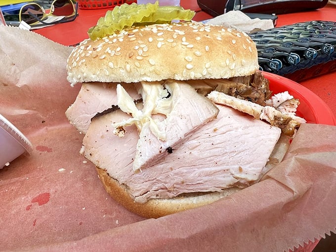 Turkey sandwich or edible work of art? This stack of smoky goodness is taller than a Southern tall tale.