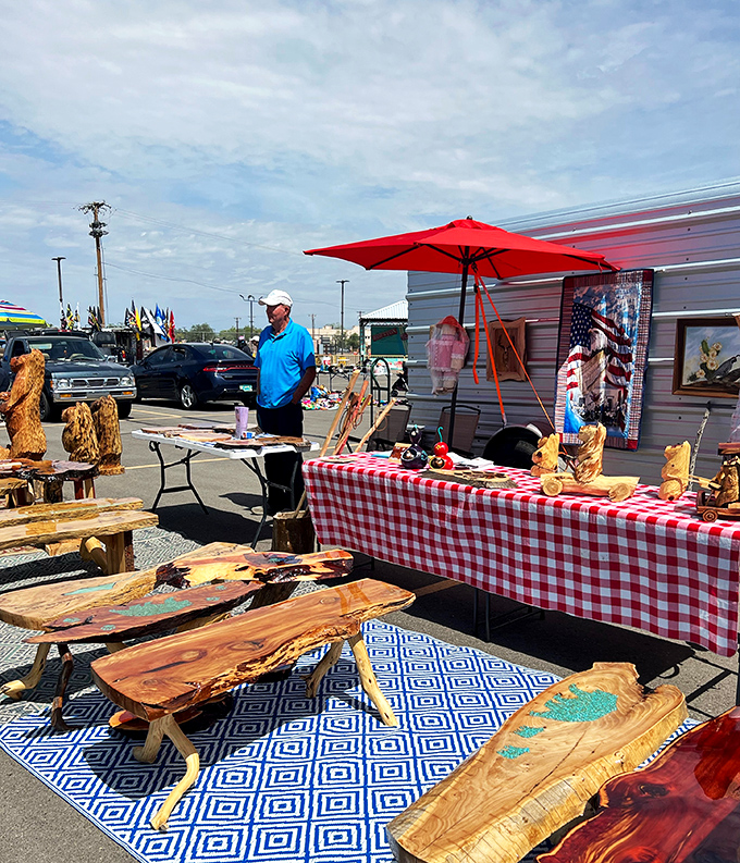 This vendor's setup is a wooden wonderland. From rustic coffee tables to quirky carvings, it's a lumberjack's Pinterest board come to life.